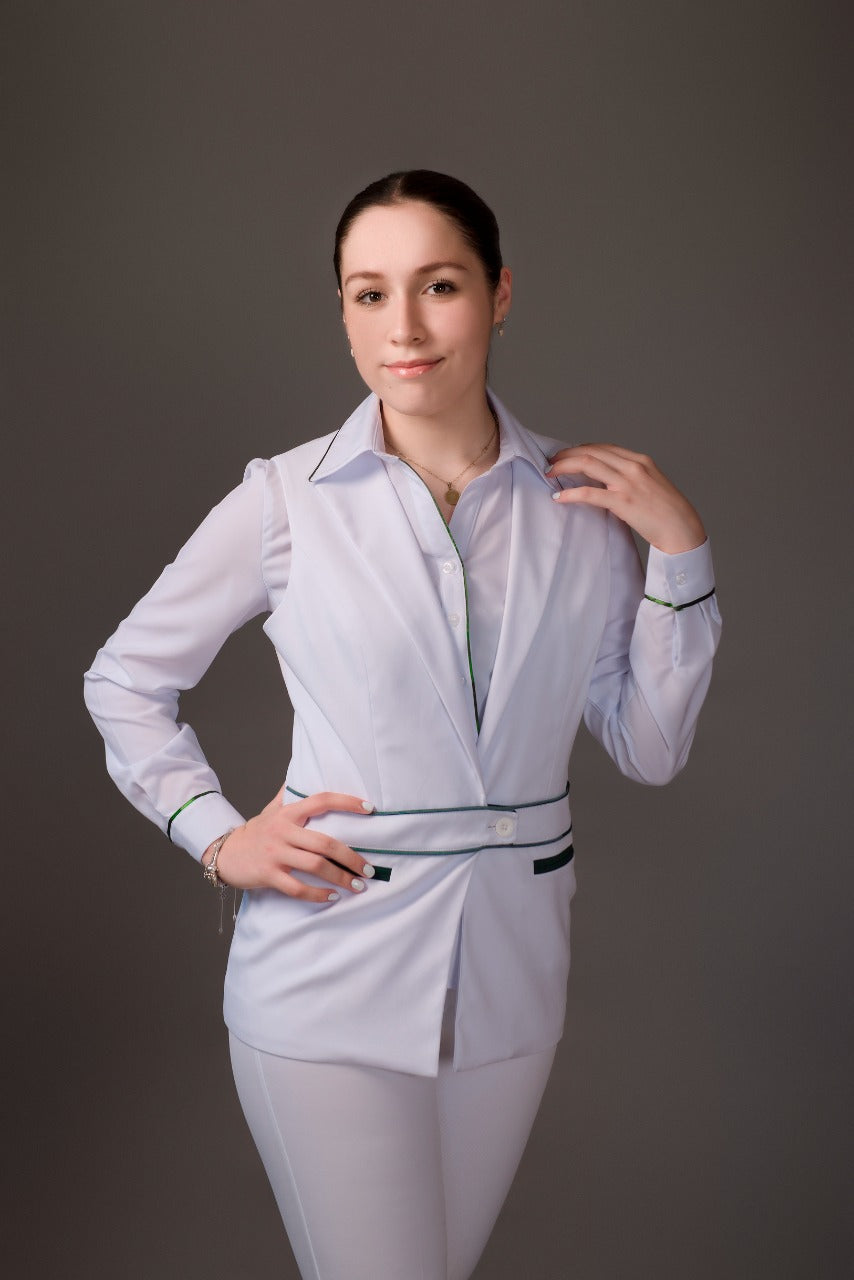 Chaleco escote profundo blanco IMSS – Casanova Uniformes Y Accesorios